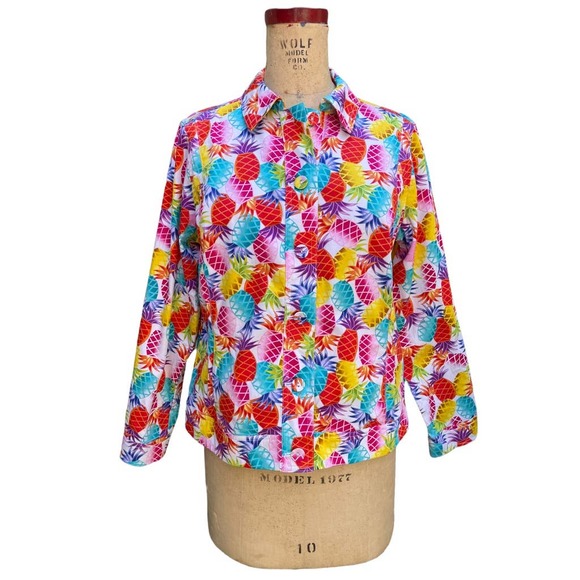 Attyre | Jackets & Coats | Attyre Petite Multi Color Pineapple Shirt ...